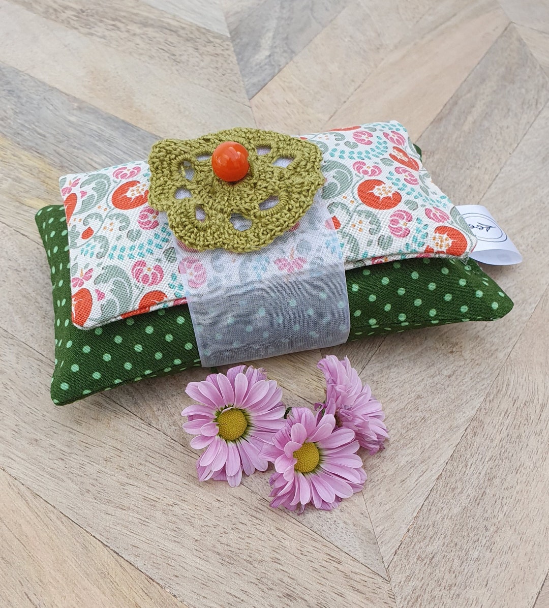 Lavender Sachets With Crochet Flower, Two Cushions Held by Ribbon ...