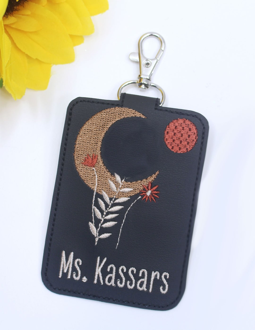 ID Badge Holder, Boho Moon Badge Holder, Personalized Vertical ID Card ...