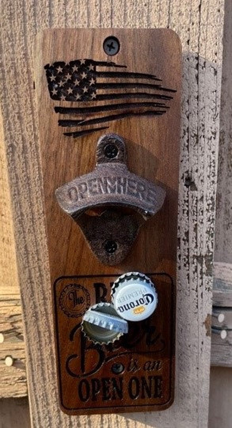 Wall / Fence Hanging Beer Bottle Opener, Engraved, Built in Magnets to ...