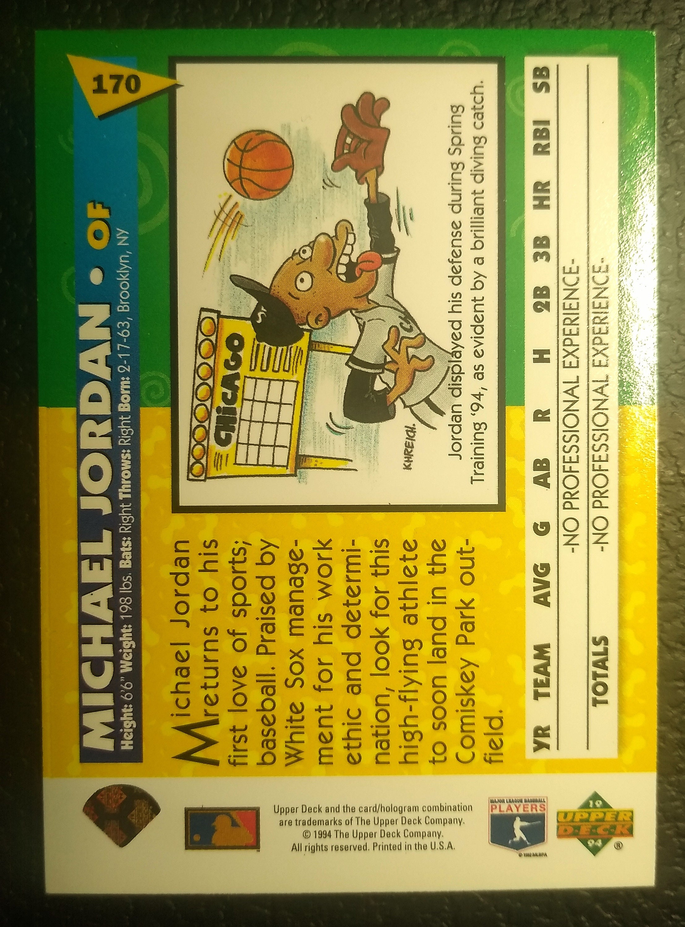 1994 Upper Deck Fun Pack #170 Michael Jordan Rookie Chicago White Sox ...