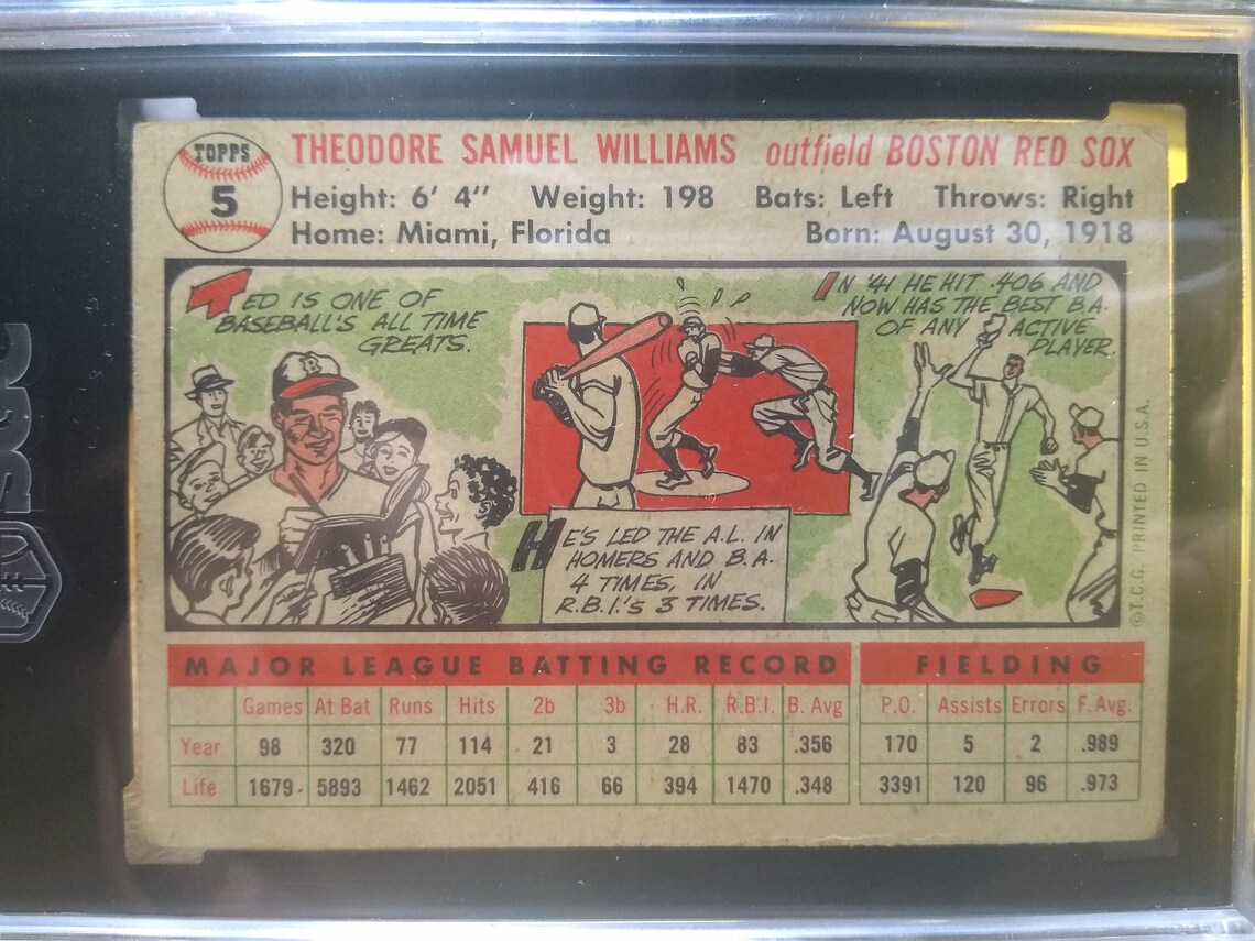 1956 Topps 5 Ted Williams White Back Boston Red Sox SGC 3.5 - Etsy