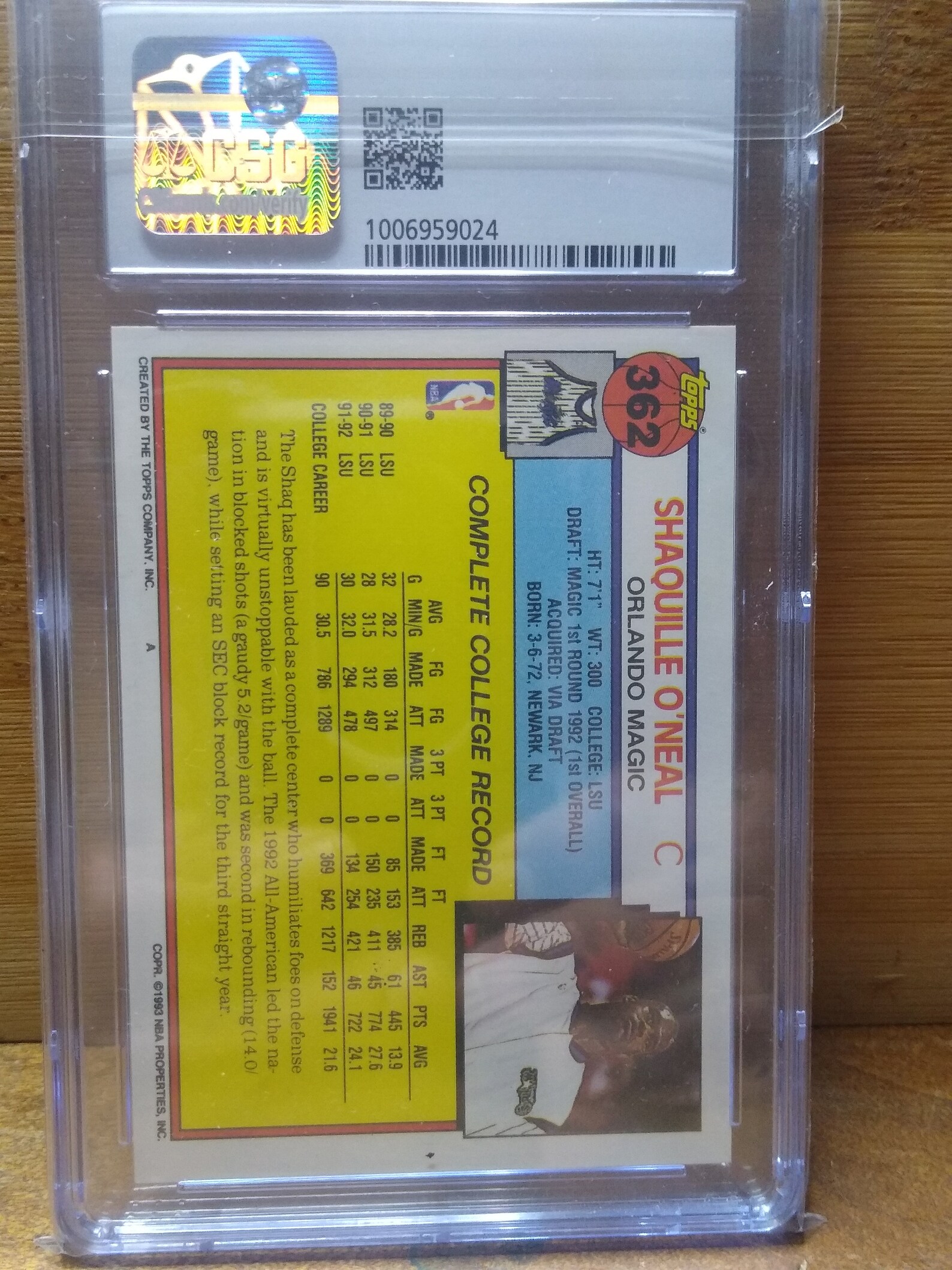 1992 Topps Basketball Orlando Magic Center Shaquille O'neal Rookie CSG ...