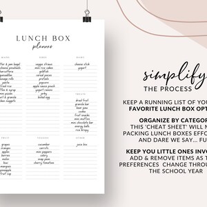 Lunch Box Planner Printable, Back to School Lunch Template, Kids Meal ...