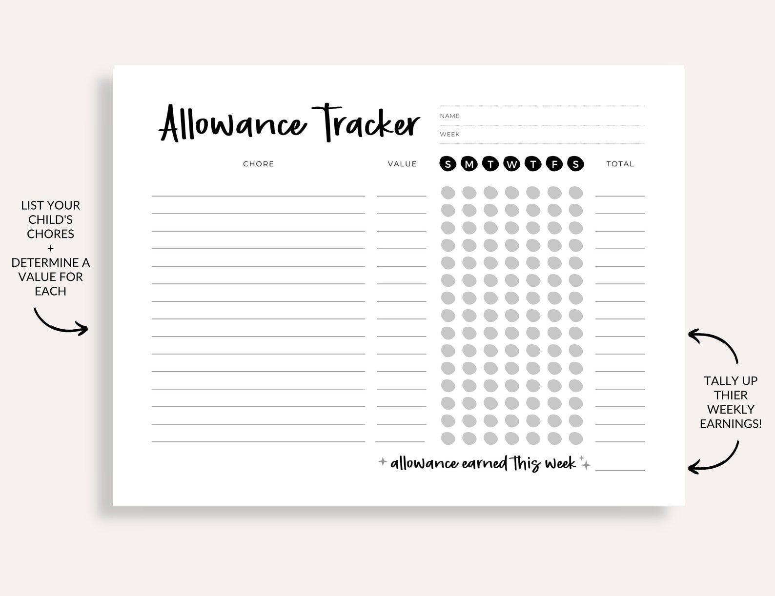 Printable Allowance Chore Chart for Kids Allowance Tracker - Etsy Canada
