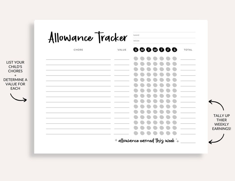 Printable Allowance Chore Chart for Kids Allowance Tracker - Etsy Canada