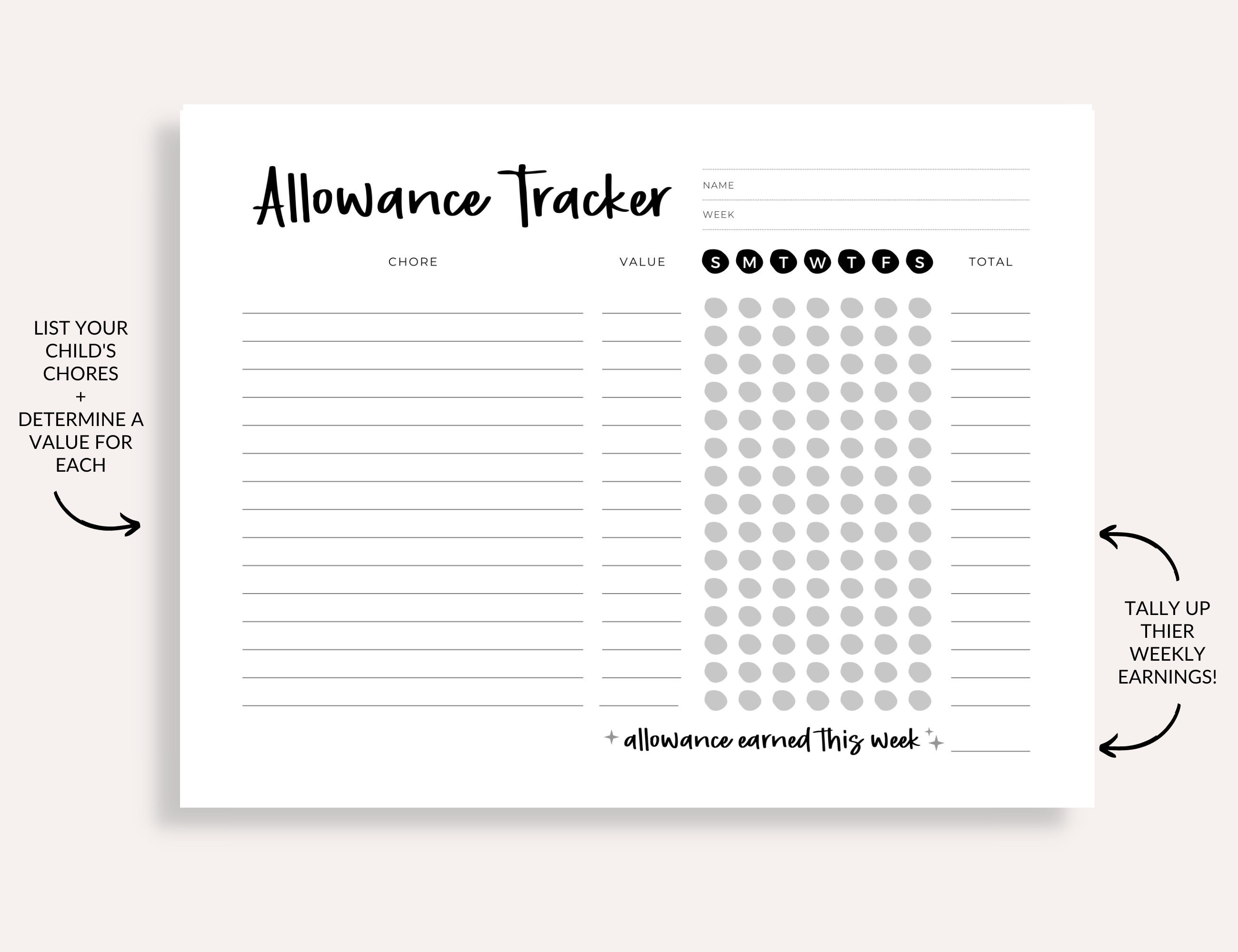 Printable Allowance Chore Chart for Kids Allowance Tracker - Etsy Canada