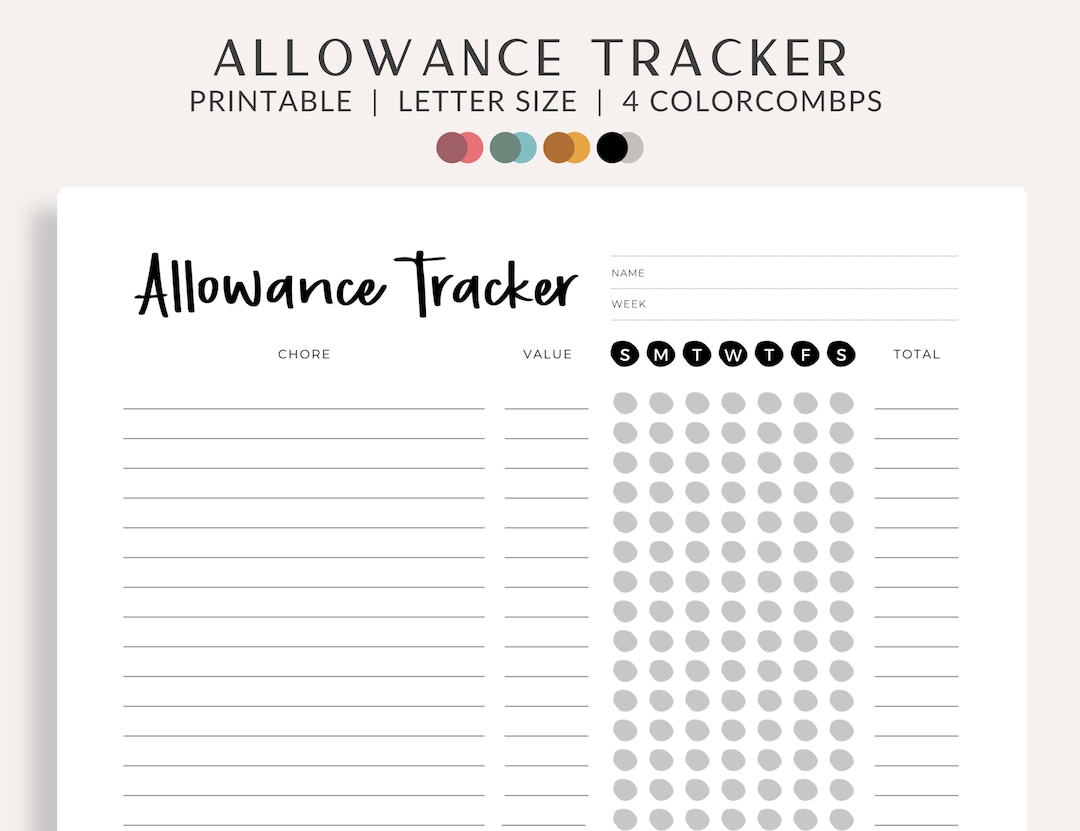 Printable Allowance Chore Chart for Kids, Allowance Tracker, Printable ...