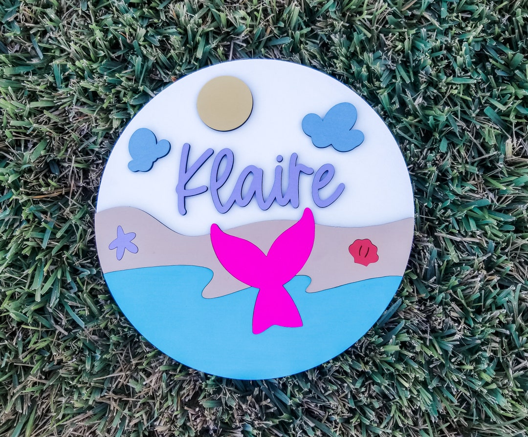 Mermaid Nursery Round Name Sign, Wood Name Sign, Girl Bedroom Decor ...