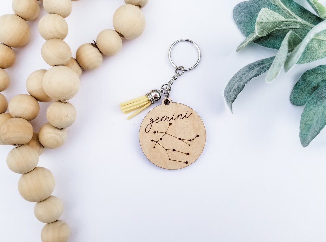 Gemini Keychain, Gemini Star Sign, Zodiac Wood Engraved Keychain, June ...
