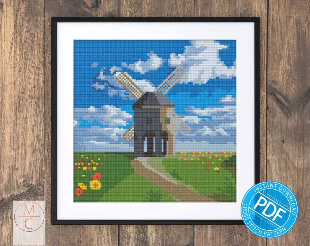 Windmill Cross Stitch Pattern | Landscape Embroidery | Countryside ...
