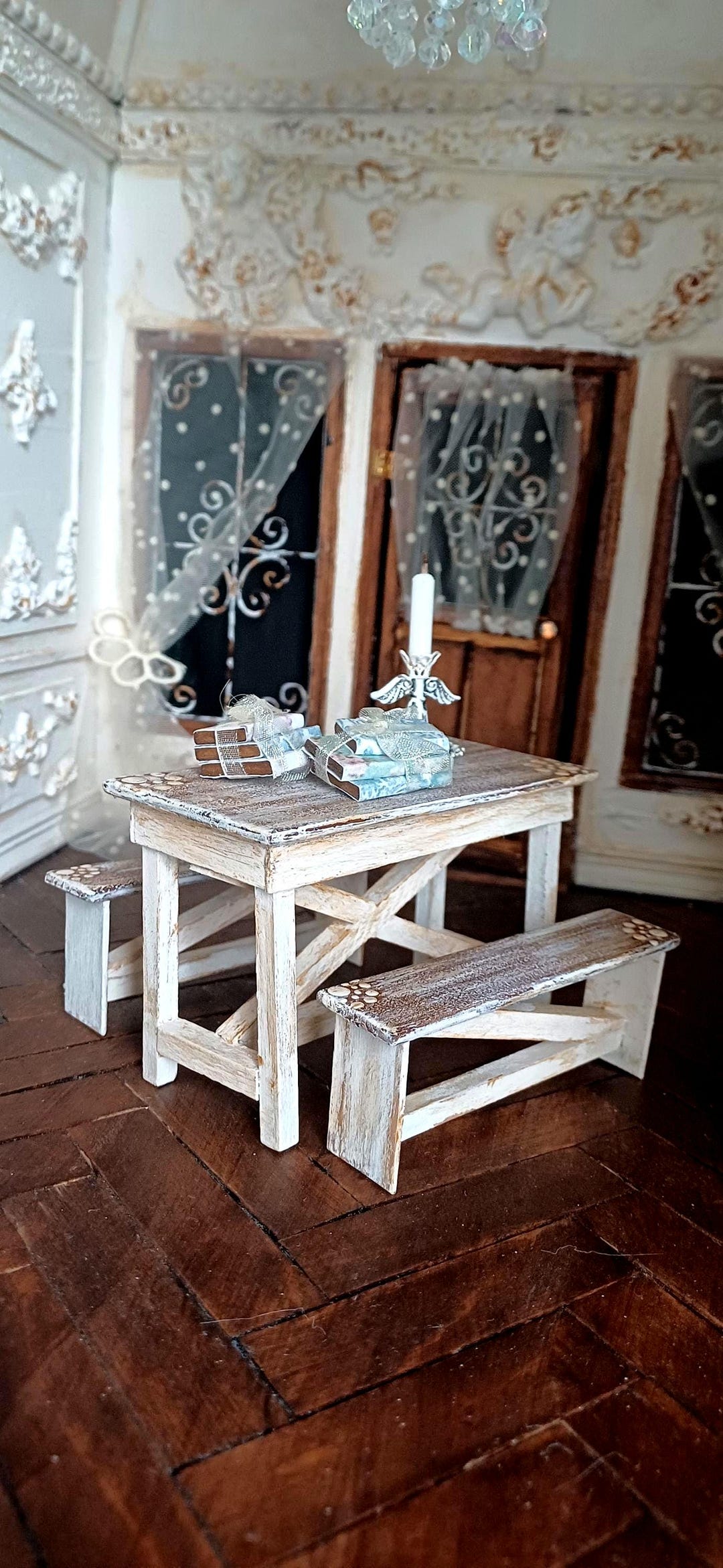 Dollhouse Cottage Kitchen Table and Two Benches, Farmhouse Dining Table ...