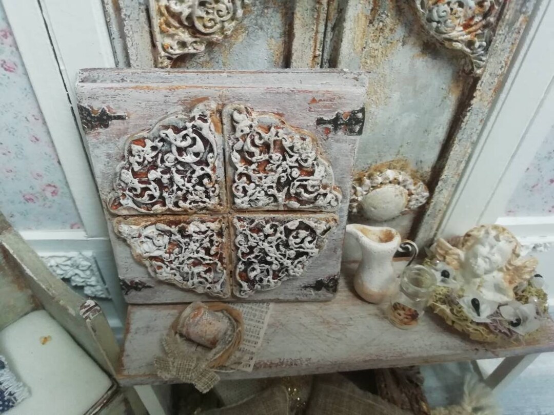 Miniature Wooden Panel With Ornament Decoration 1:12 Scale Ntique Look ...