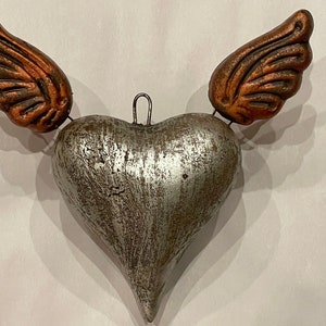 Large Silver CLAY HEART With WINGS, Mexican Heart, Mexican Sacred Heart ...
