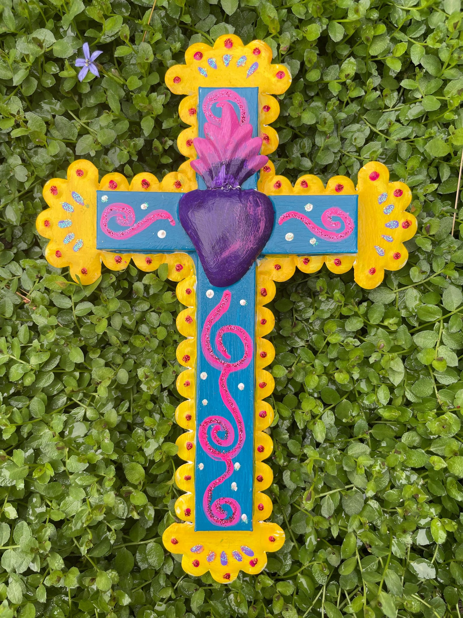 Mexican Tin Cross, Tin Cross Ornament, Hand Painted Mexican Cross ...
