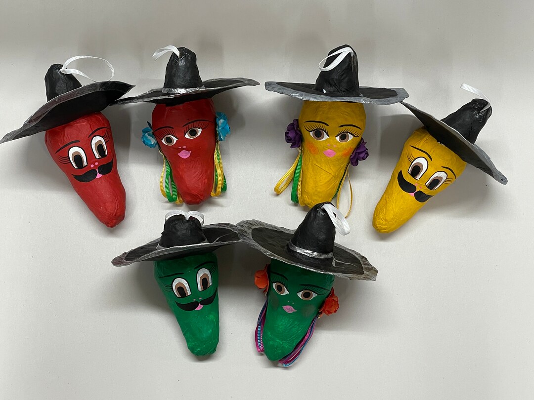 SET of SIX Mexican CHILI Ornaments, Paper Mache, Mexican Christmas ...