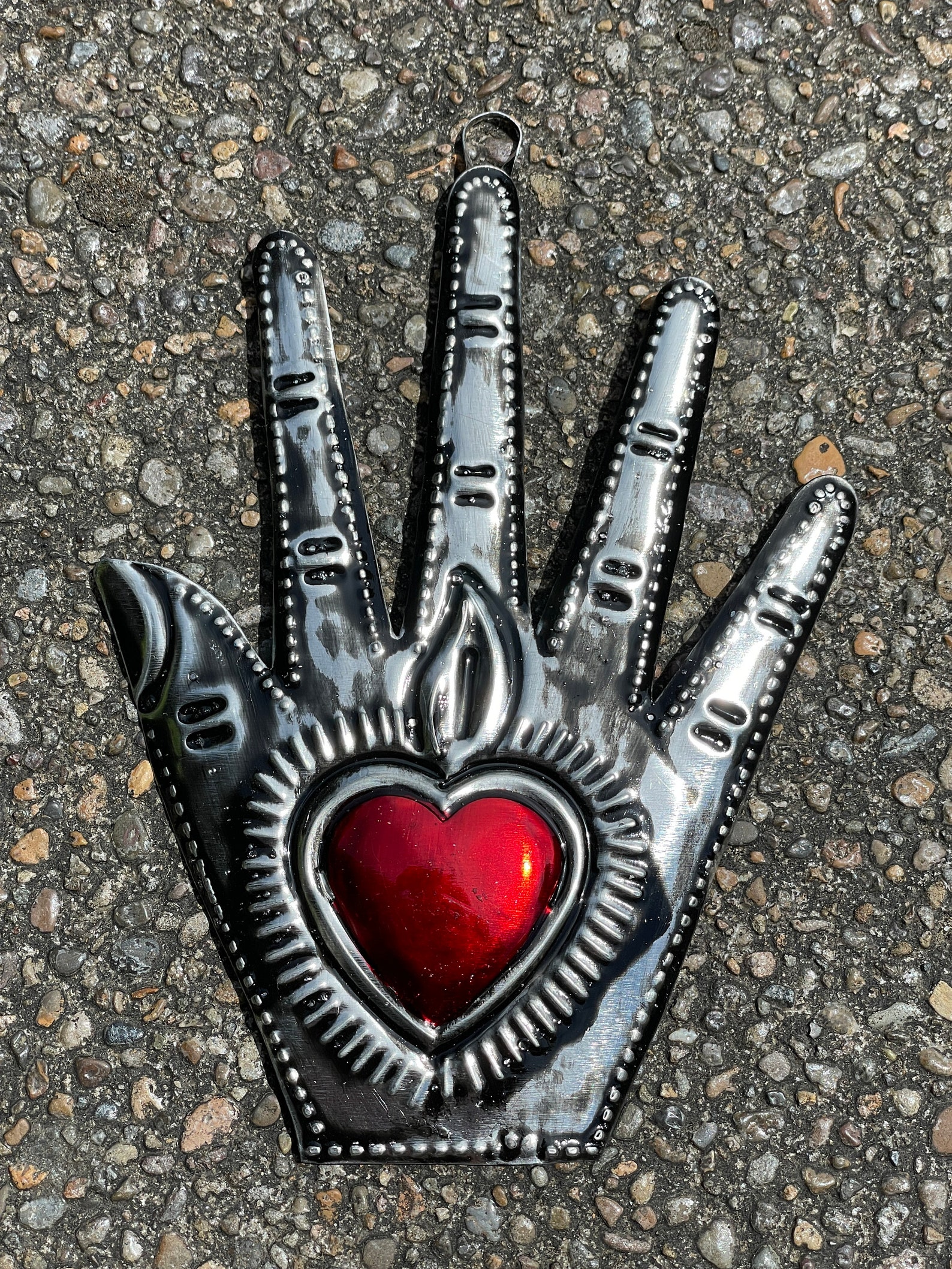 SET of FIVE Tin HEALING Hand Ornaments, Tin Milagro Hand, Fatima Hand ...