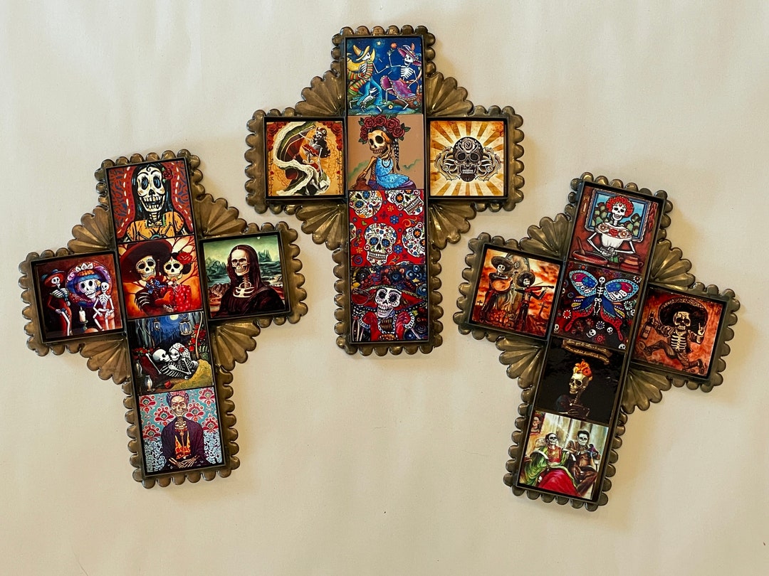 Day of the Dead TIN Tile CROSS, Small, Mexican Cross, Dia De Los ...