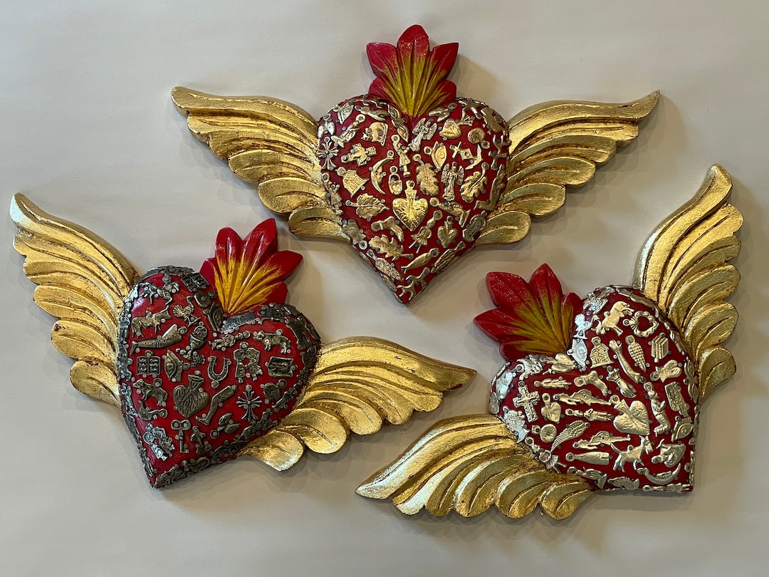SACRED HEART With MILAGROS and Gilded Wings, Red, Heart With Wings ...