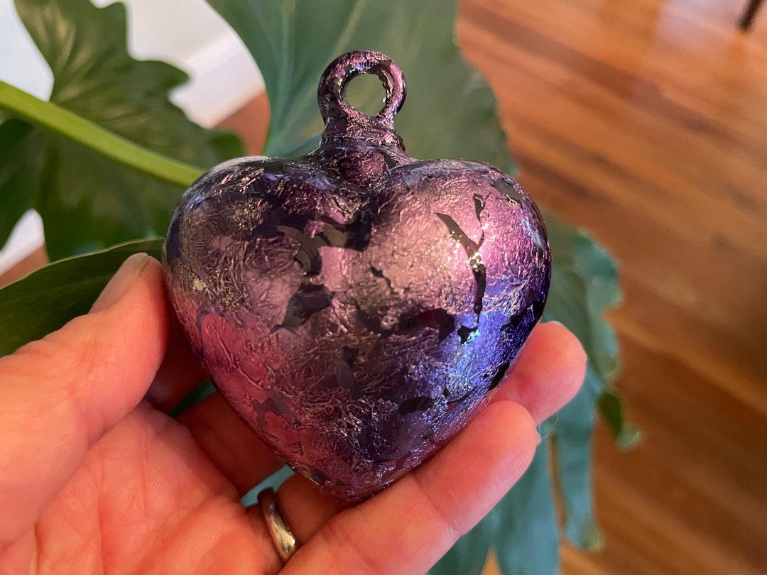 Purple Blown GLASS HEART With Purple Leaf Applique, Small, Purple Blown ...