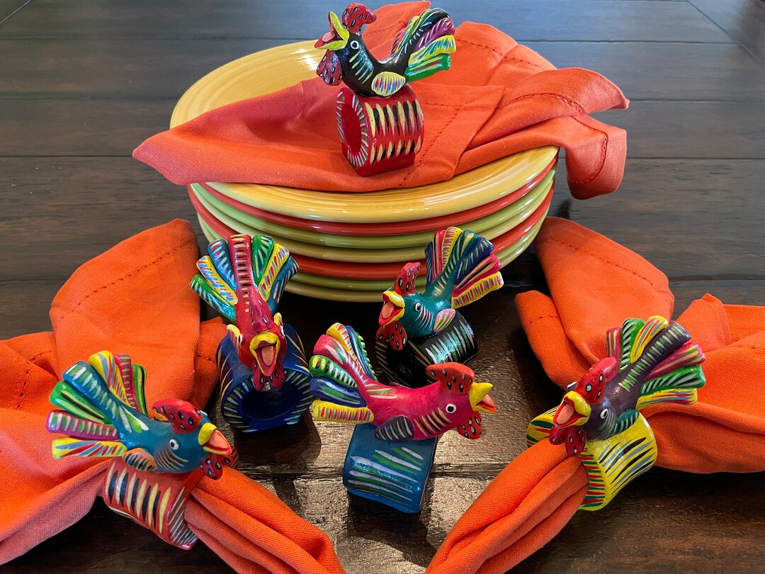 Colorful Rooster Napkin Rings, Set of 6, Mexican Napkin Rings, Barro ...