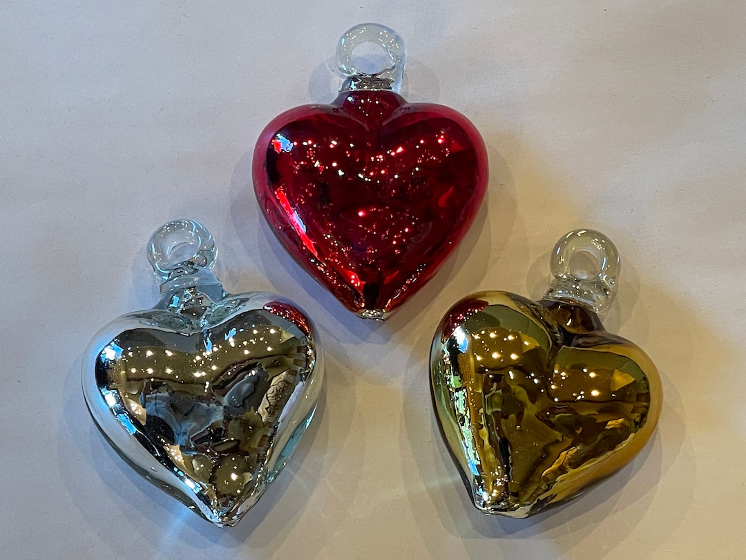 Blown GLASS HEARTS, Mirrored Red, Silver or Gold, Blown Glass Heart ...