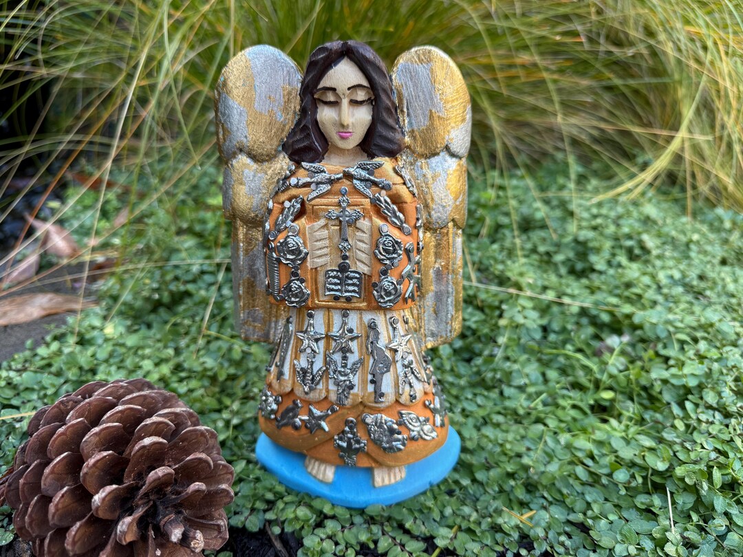 Small ANGEL With MILAGROS, Mexican Angel, Hand Carved Angel, Angel With ...