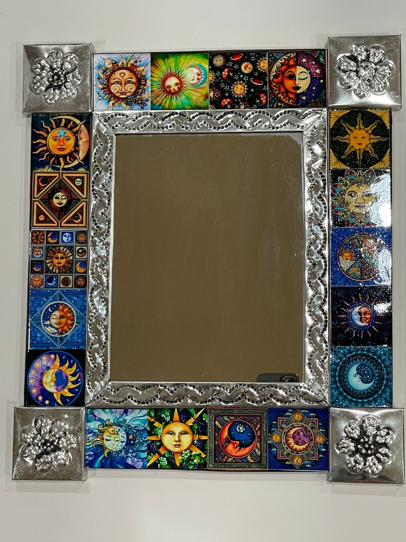 LARGE Tin Mirror With Assorted Sun Tiles, Mexican Tin Art, Mexican ...