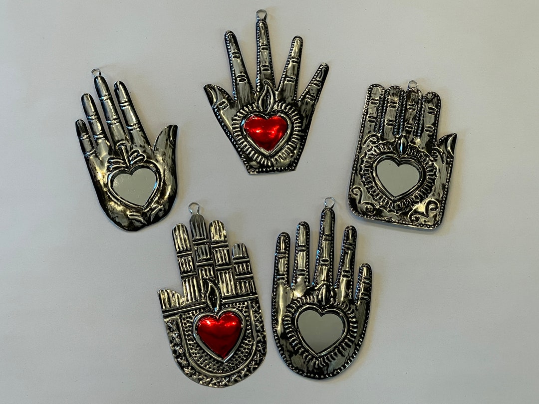 SET of FIVE Tin HEALING Hand Ornaments, Tin Milagro Hand, Fatima Hand ...
