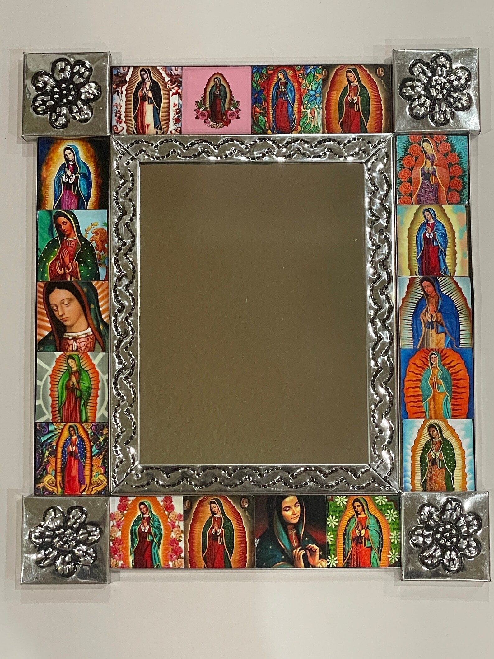 LARGE Tin Mirror With Assorted GUADALUPE Tiles, Mexican Tin Art ...