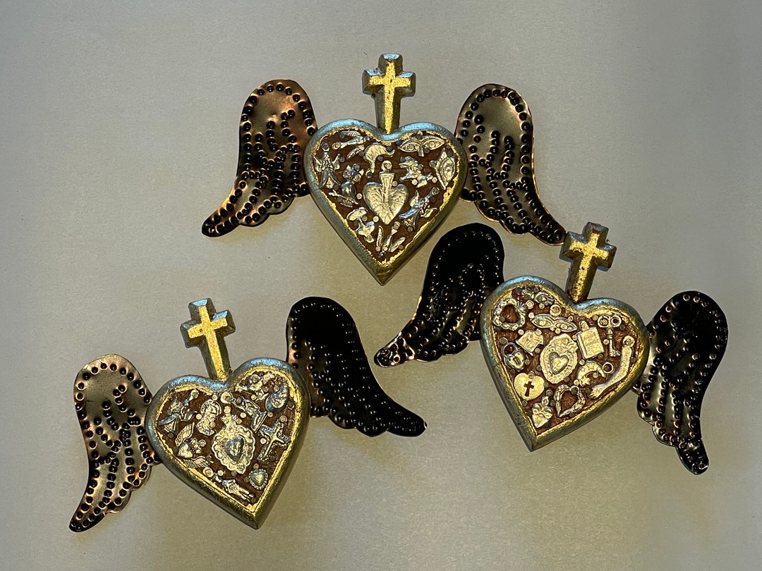 SMALL Sacred Heart With Wings and Milagros, RED Background, Sacred ...