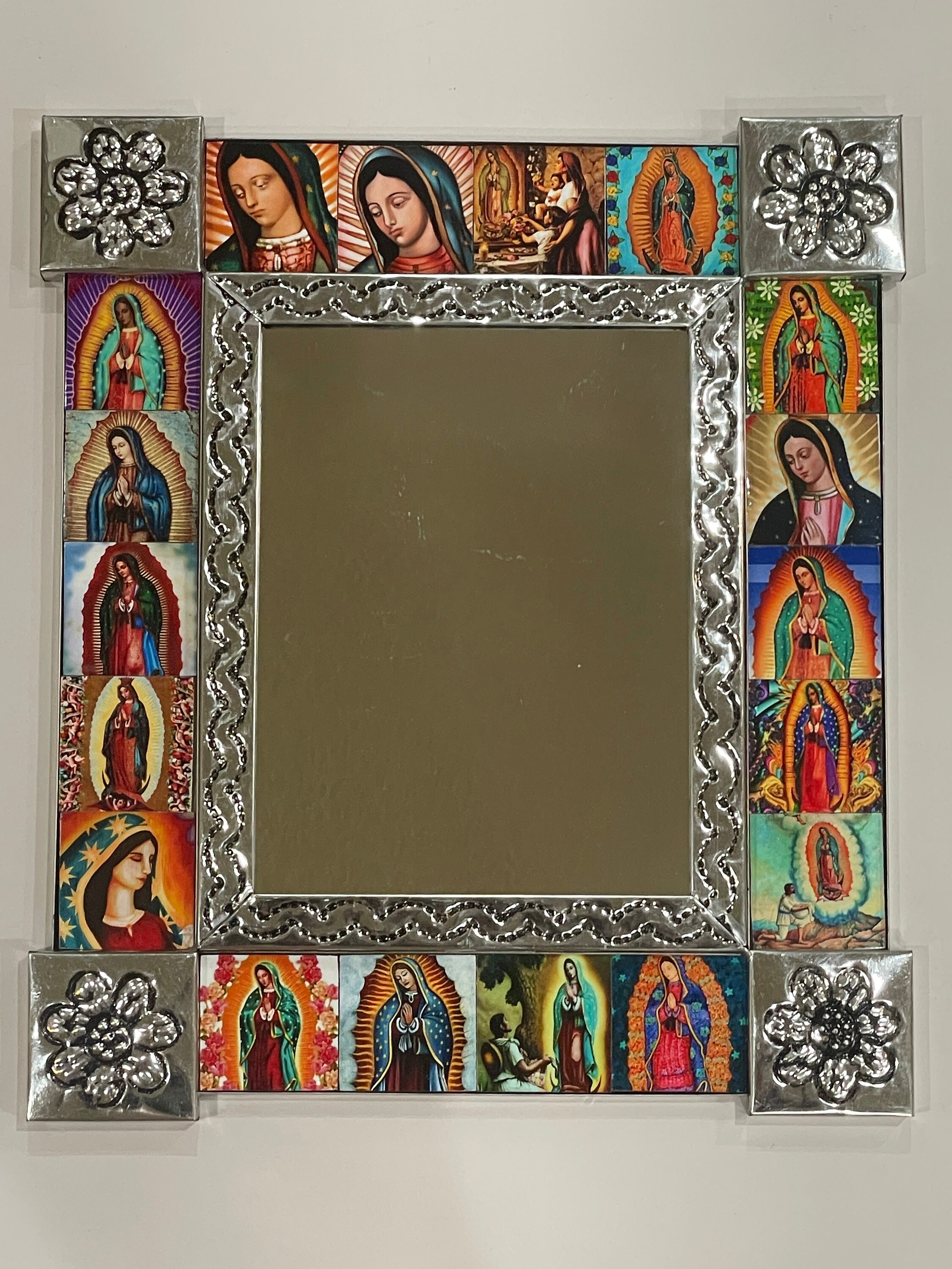 LARGE Tin Mirror With Assorted GUADALUPE Tiles, Mexican Tin Art ...