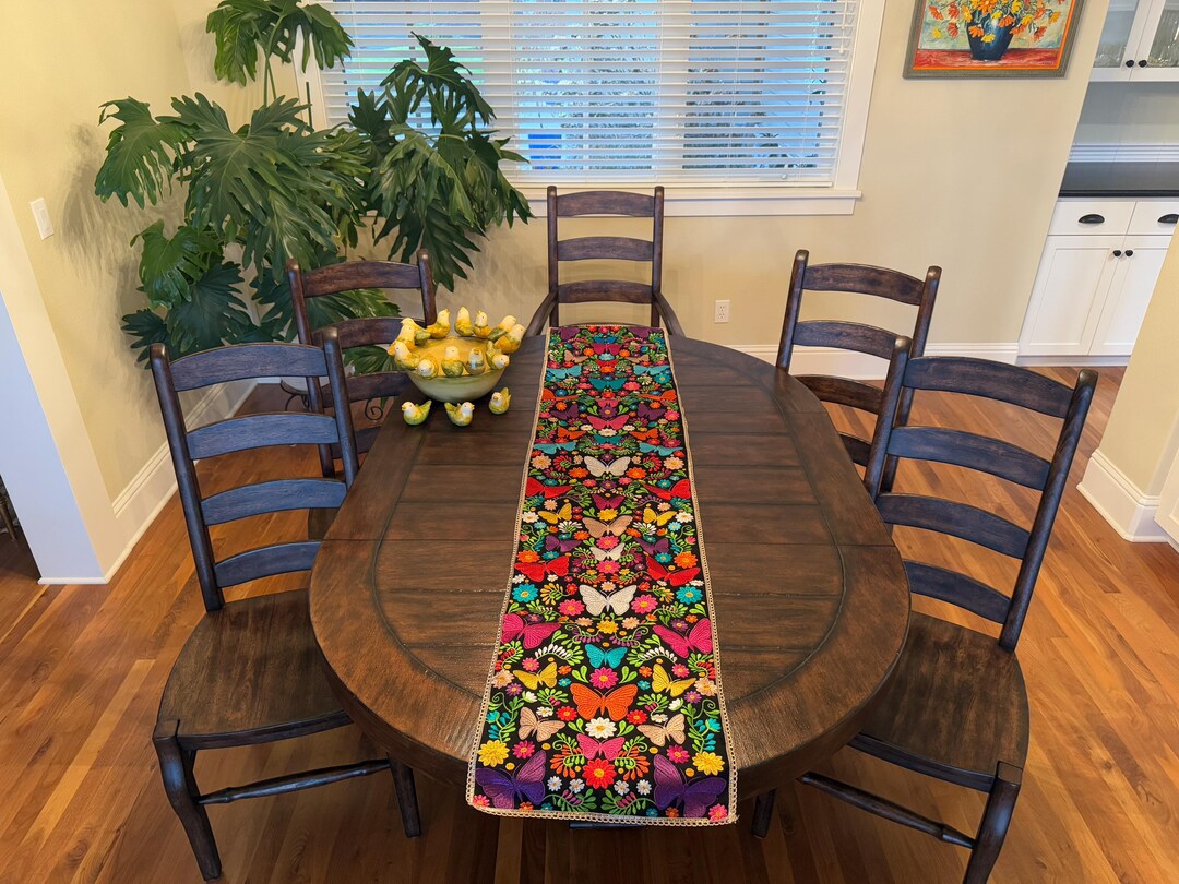 Mexican TABLE Runner, Butterfly Design on Black, WIDE, Embroidered ...