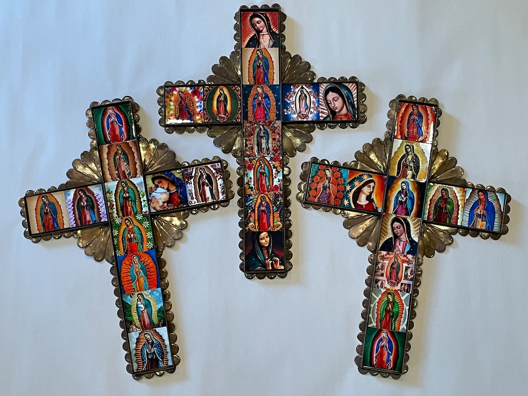 GUADALUPE Tin TILE CROSS, Mexican Tin Art, Mexican Religious Art ...