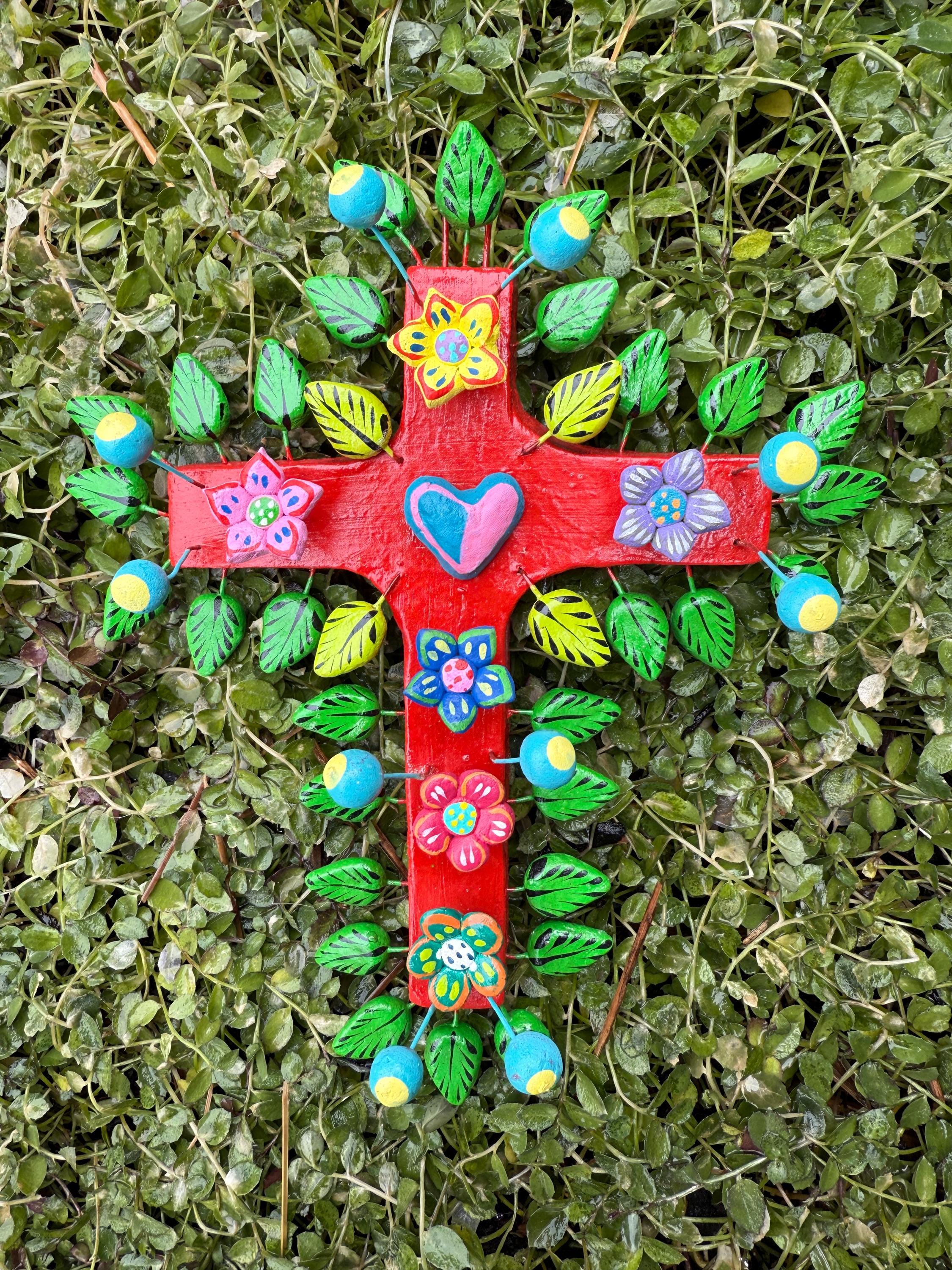 Colorful Cross With Heart and Flowers, Barro Betus, Ortega, Mexican ...