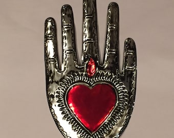 LARGE Tin HEALING HAND With Sacred Heart, Mexican Milagro Hand, Hand of ...