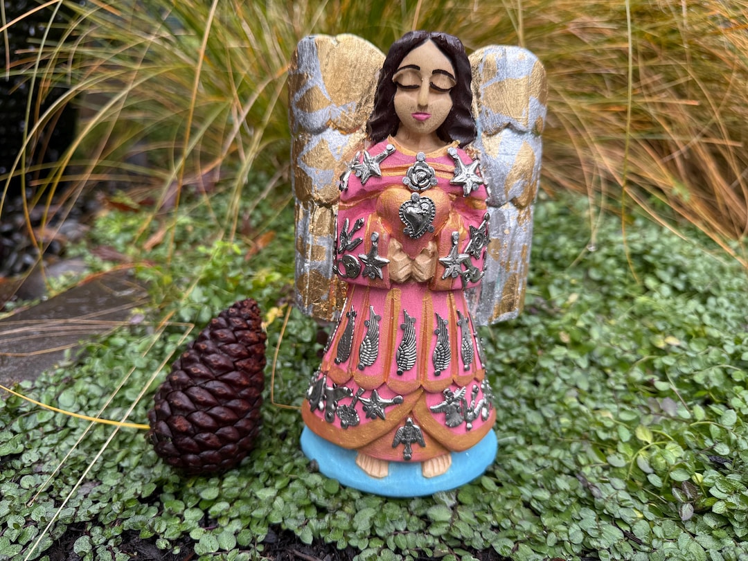 Small ANGEL With MILAGROS, Mexican Angel, Hand Carved Angel, Angel With ...