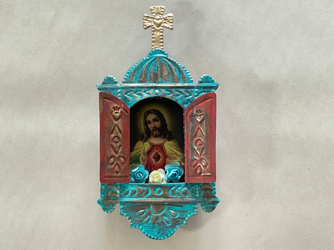 Antiqued Turquoise Nicho, JESUS With SACRED HEART Image, Mexican Nicho ...