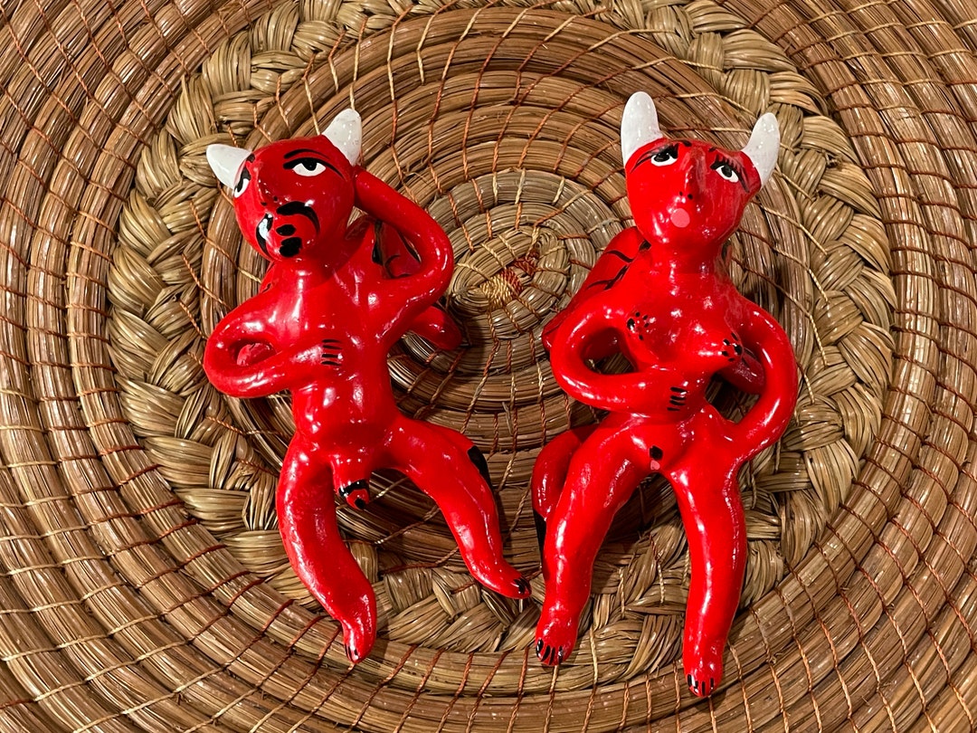 Devil Ornaments, PAIR, Mexican Devils, El Diablo, Clay Devil Ornaments ...