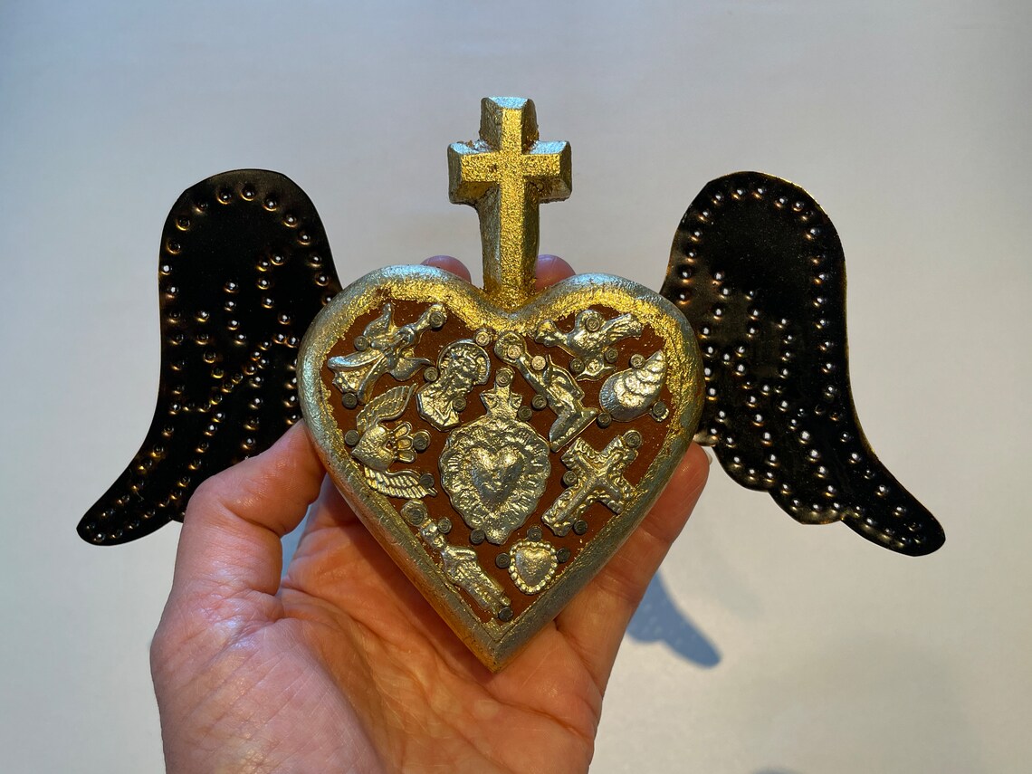 SMALL Sacred Heart With Wings and Milagros, RED Background, Sacred ...