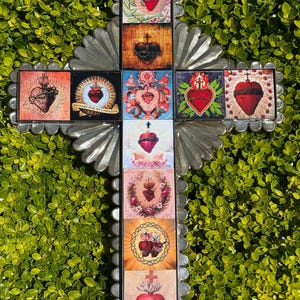 SACRED HEART Tin Tile Cross, Mexican Tin Art, Mexican Religious Art ...