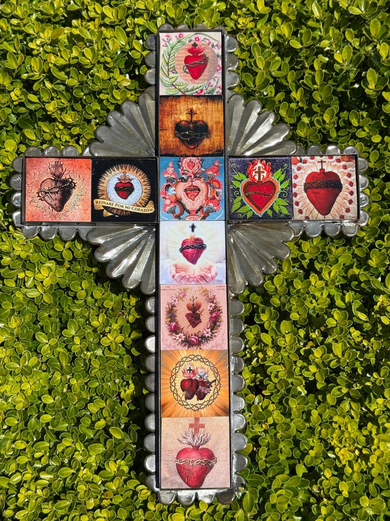 SACRED HEART Tin Tile Cross, Mexican Tin Art, Mexican Religious Art ...