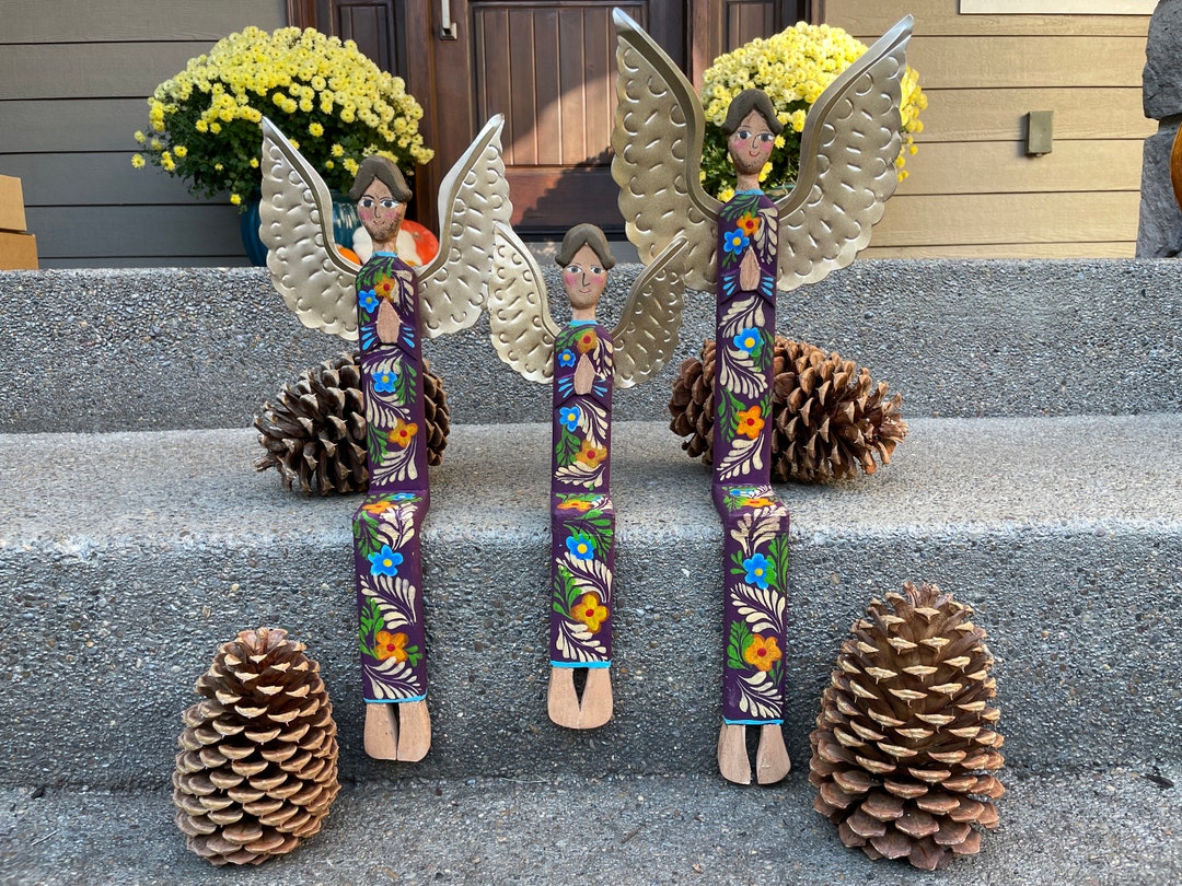 Set of THREE Rustic Sitting ANGELS, Dark Purple, Mexican Angel, Mexican ...