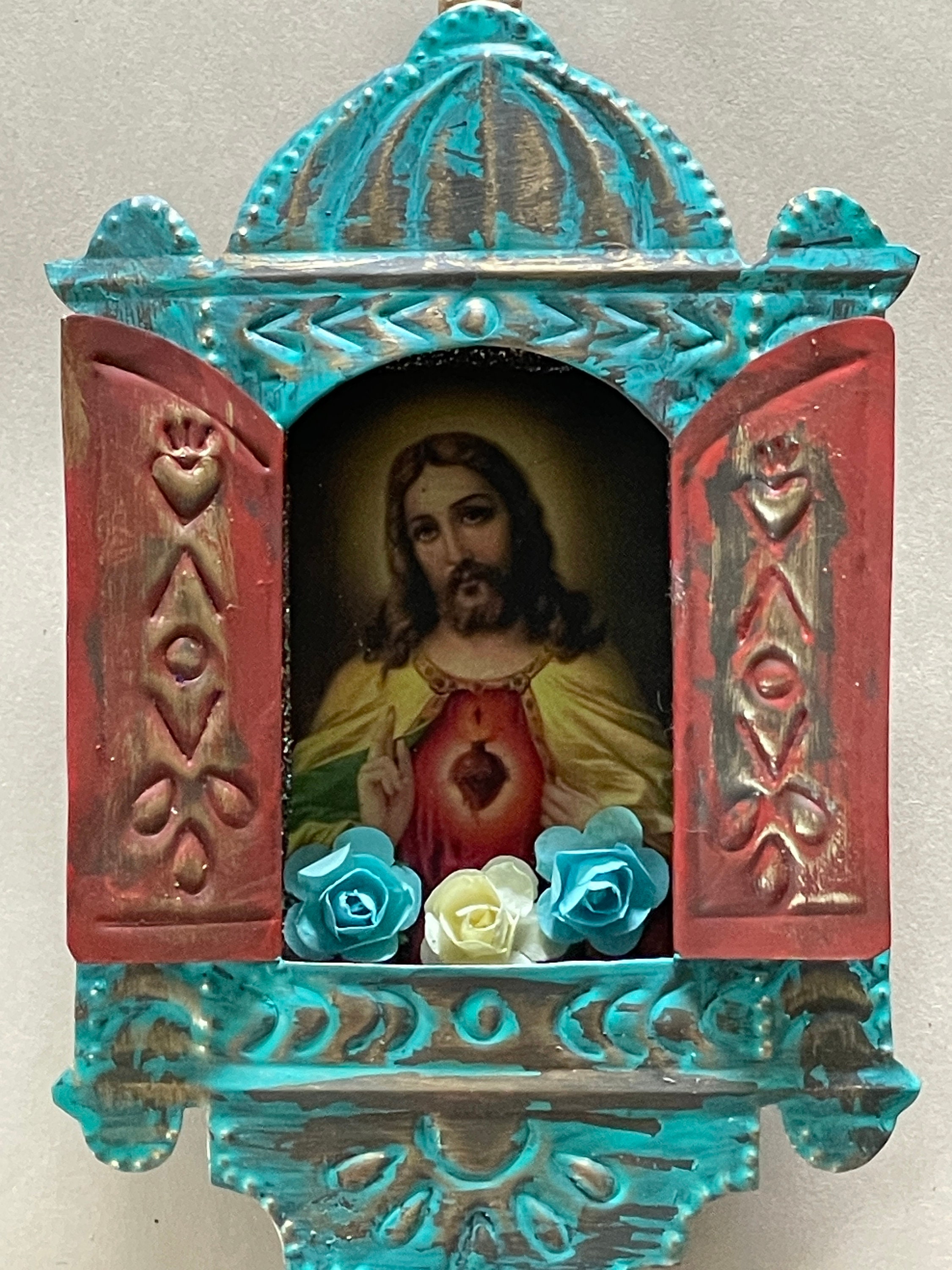 Antiqued Turquoise Nicho, JESUS With SACRED HEART Image, Mexican Nicho ...