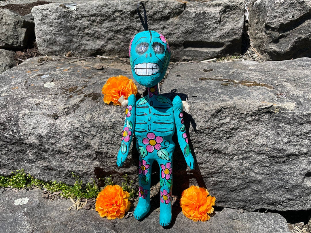 DAY of the DEAD Skeleton Ornament, AQUAMARINE, Paper Mache Skeleton ...