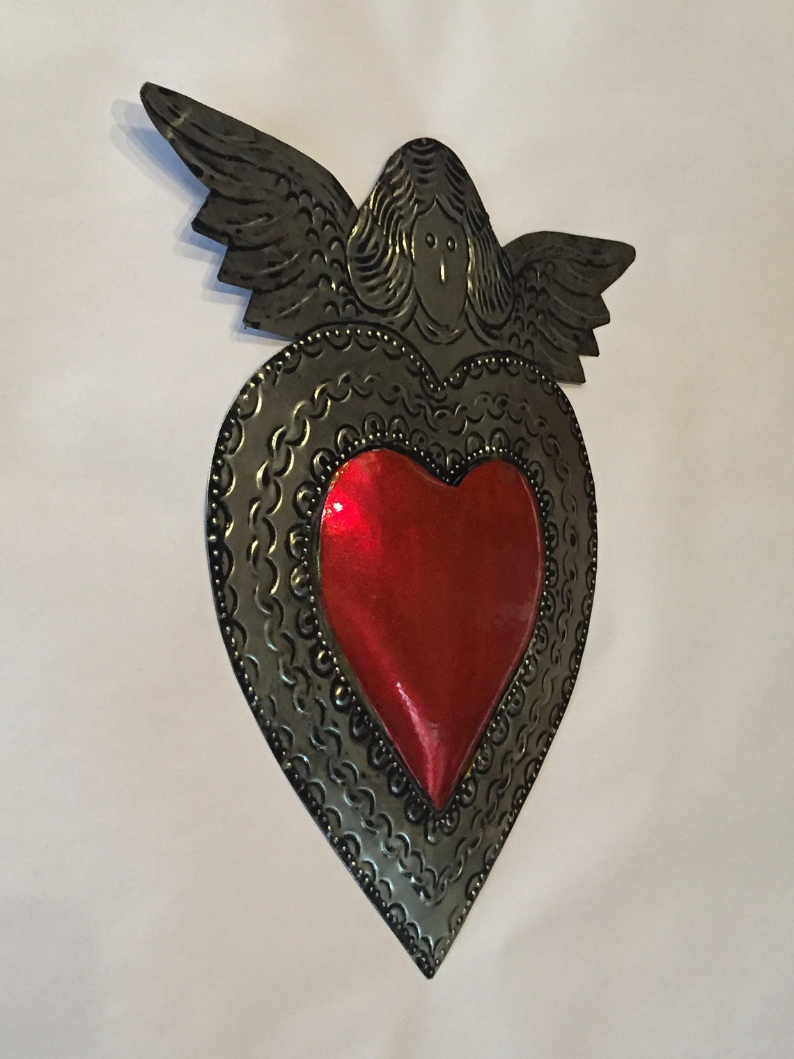 LARGE SACRED HEART With Angel, Sacred Heart Ornament, Milagro, Mexican ...
