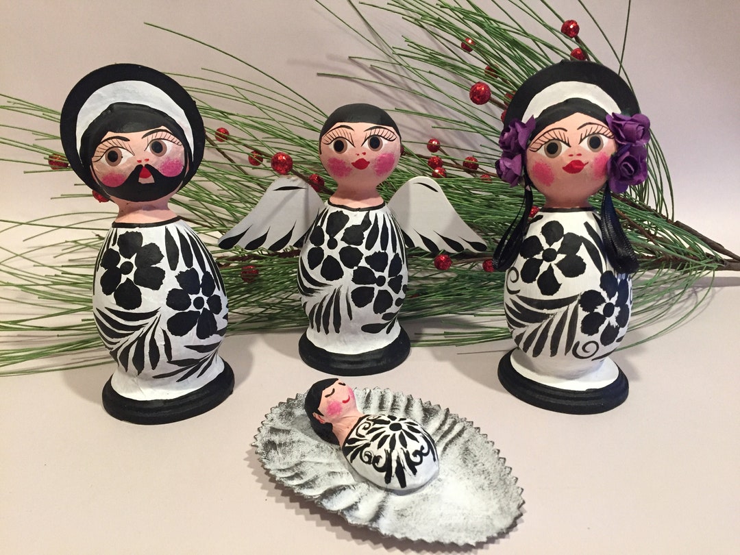 Paper Mache NATIVITY, Black and White, Four Pieces, Mexico Nativity Set ...