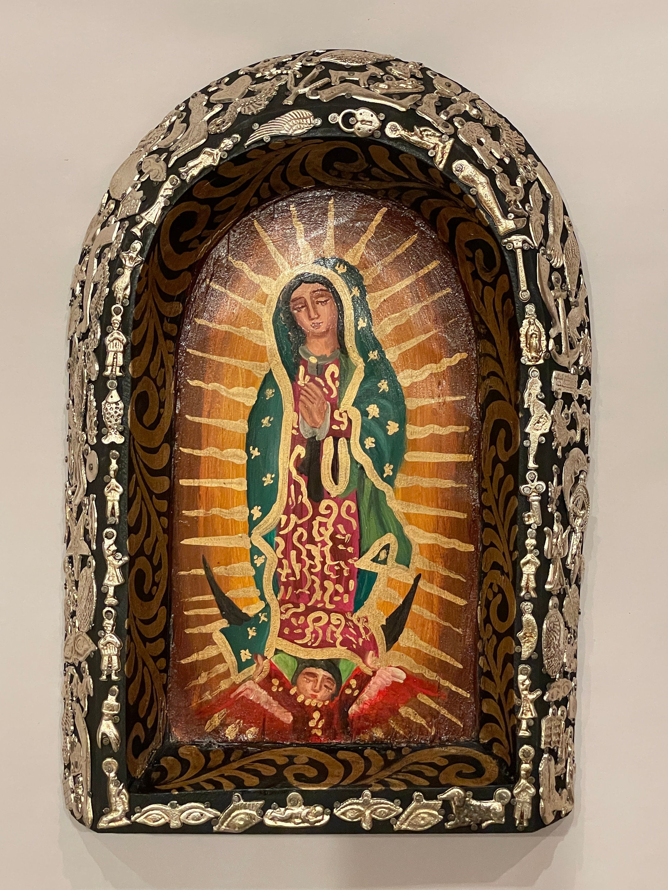 GUADALUPE With MILAGROS Nicho, Black Background, Virgin of Guadalupe ...
