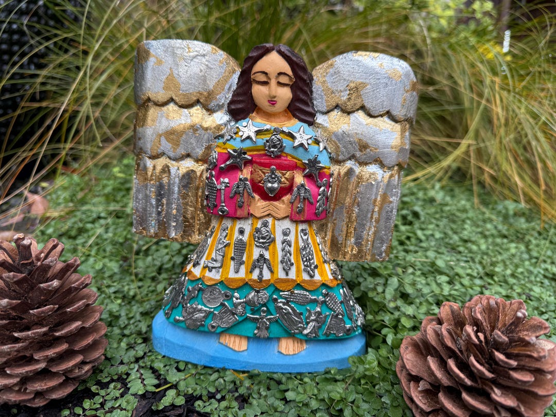 Small ANGEL With MILAGROS, Mexican Angel, Hand Carved Angel, Angel With ...