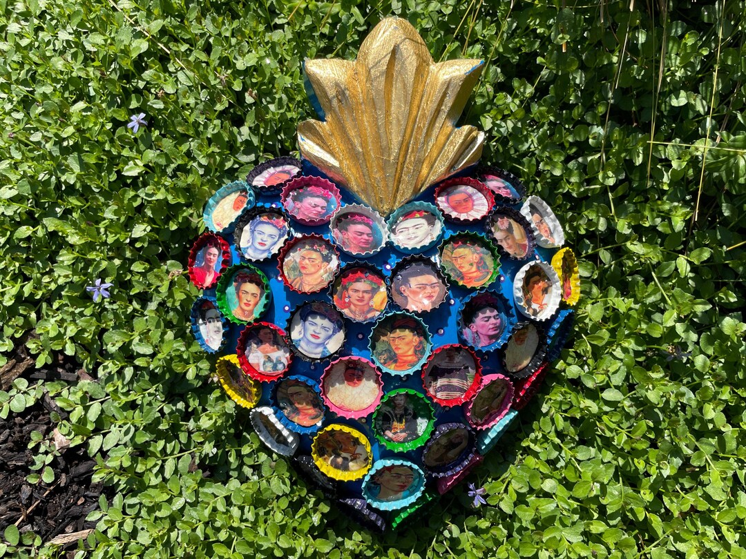 FRIDA SACRED HEART, Images in Bottle Caps, Blue Background, Sacred ...
