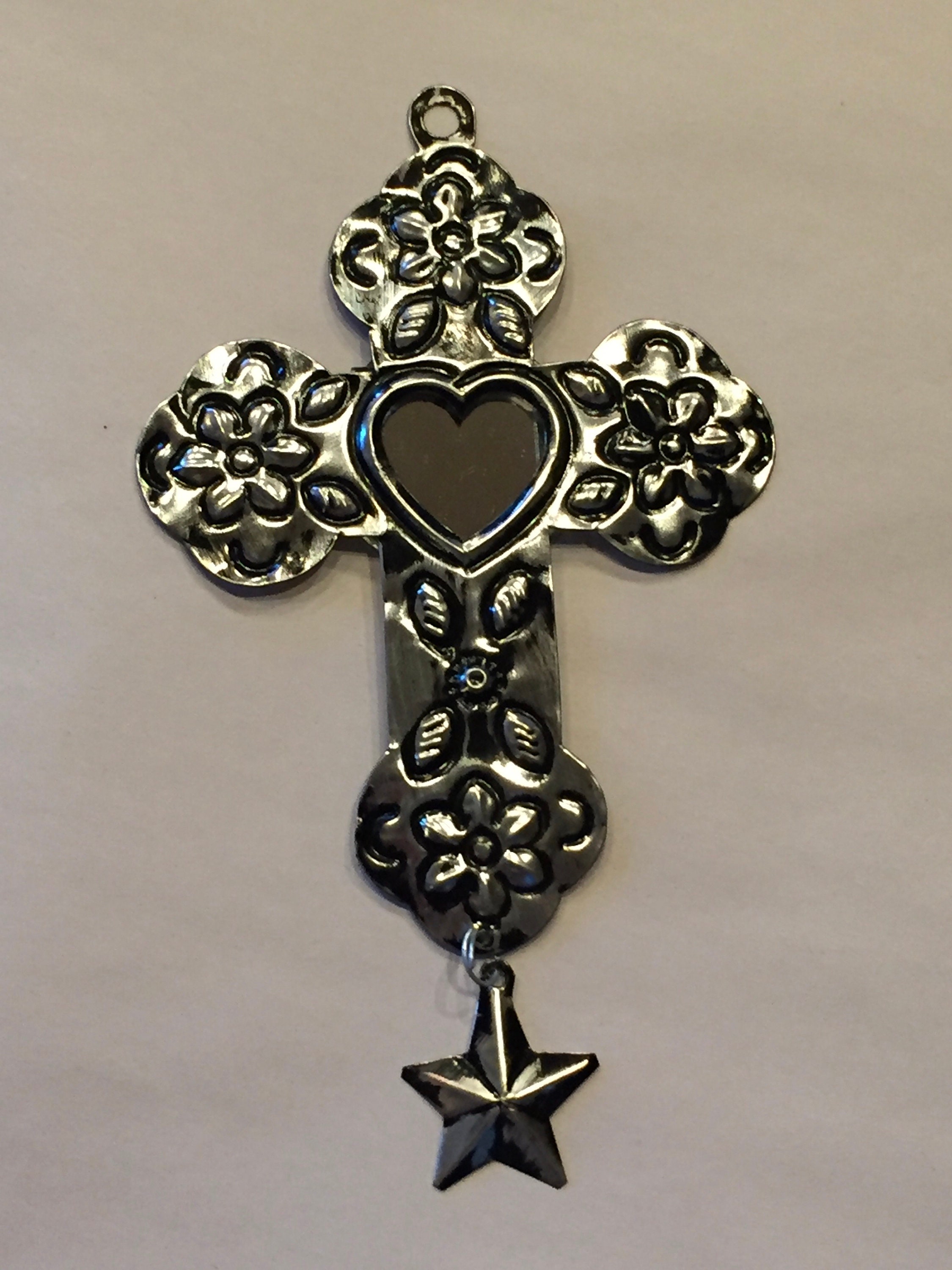 SET of FIVE Tin CROSS Ornaments With Sacred Hearts, Tin Cross Milagros ...